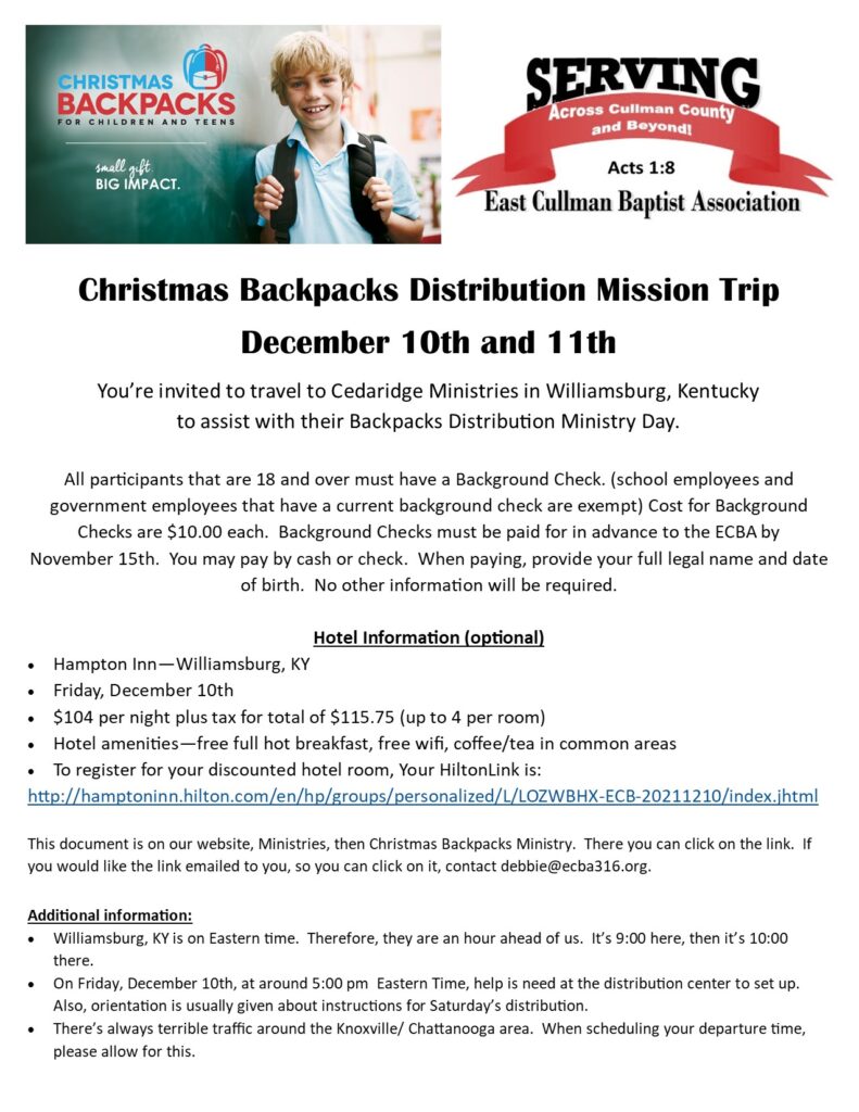 Christmas Backpacks Ministry - East Cullman Baptist Association
