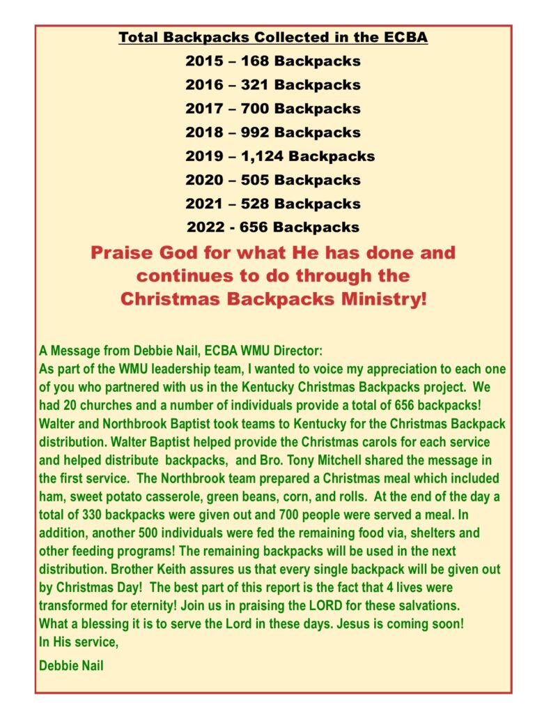 Christmas Backpacks Ministry - East Cullman Baptist Association