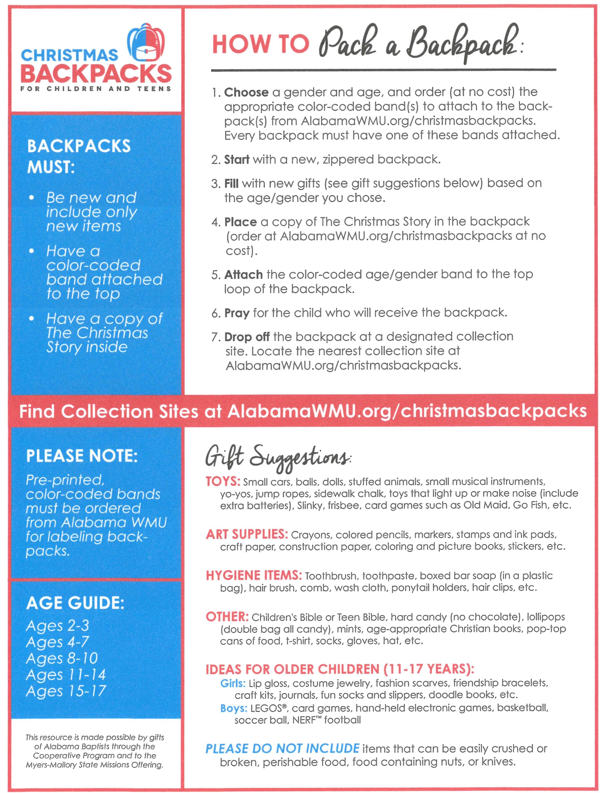 Christmas Backpacks Ministry - East Cullman Baptist Association